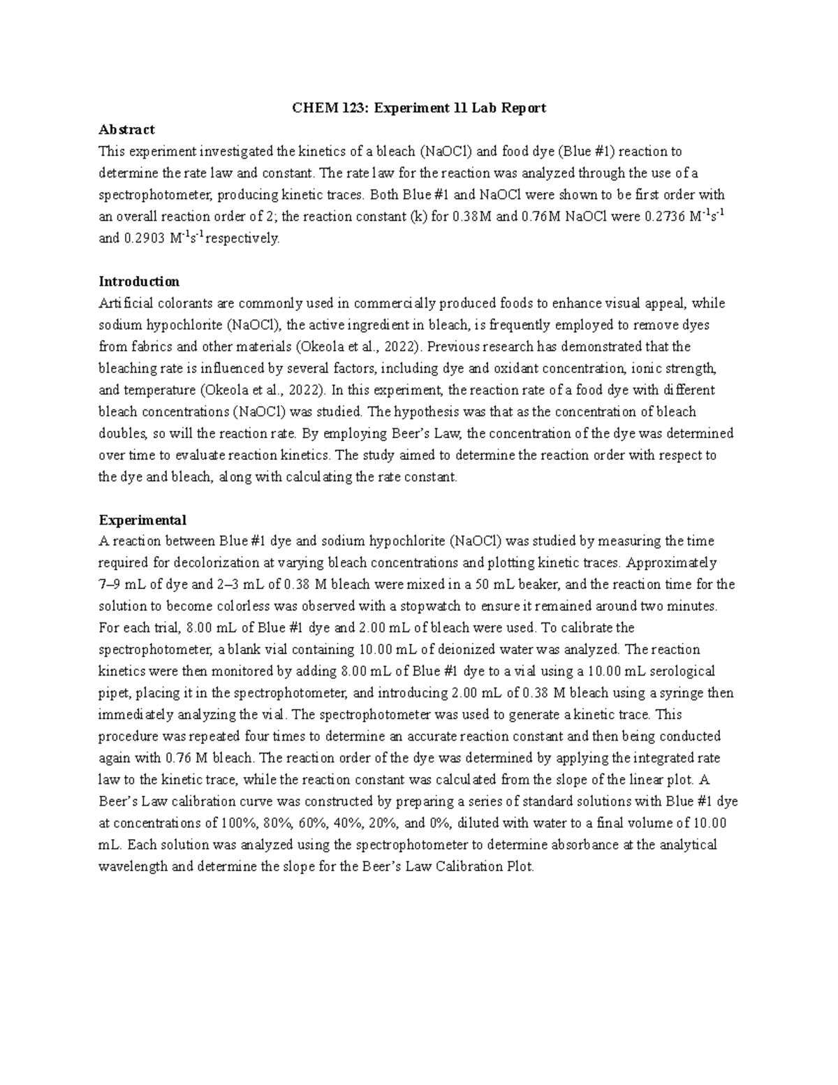 CHEM 123 Final Lab Report: Kinetics of Bleach and Food Dye Reaction ...