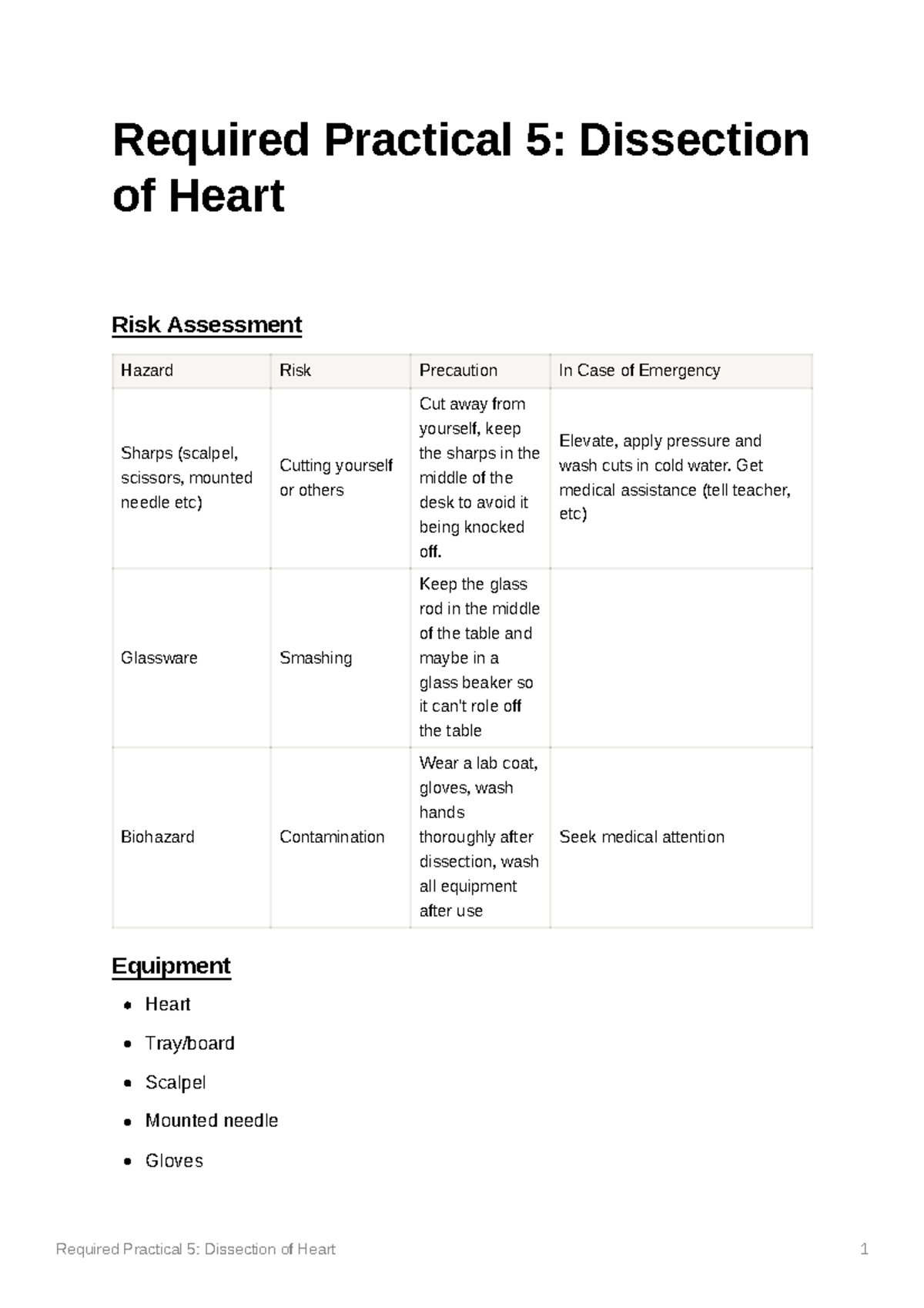 Required Practical 5: Heart Dissection Guide and Safety Precautions ...