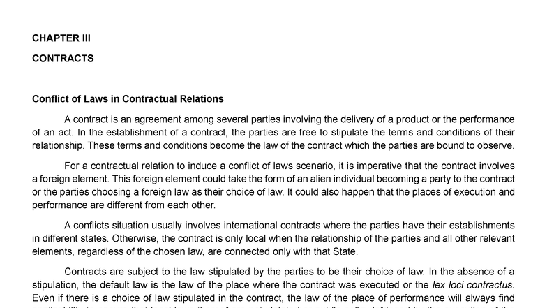 LAW Chapter III: Conflict of Laws in Contractual Relations - Studocu