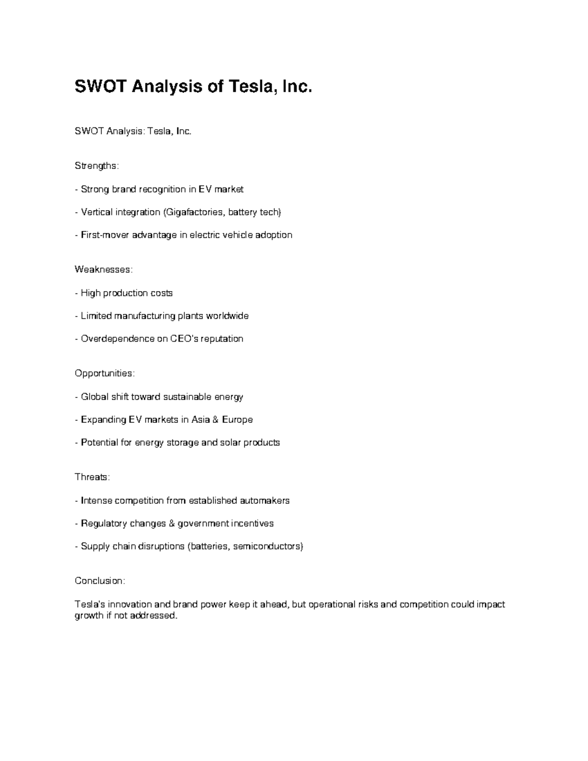 Tesla SWOT Analysis - SWOT Analysis of Tesla, Inc. SWOT Analysis: Tesla ...