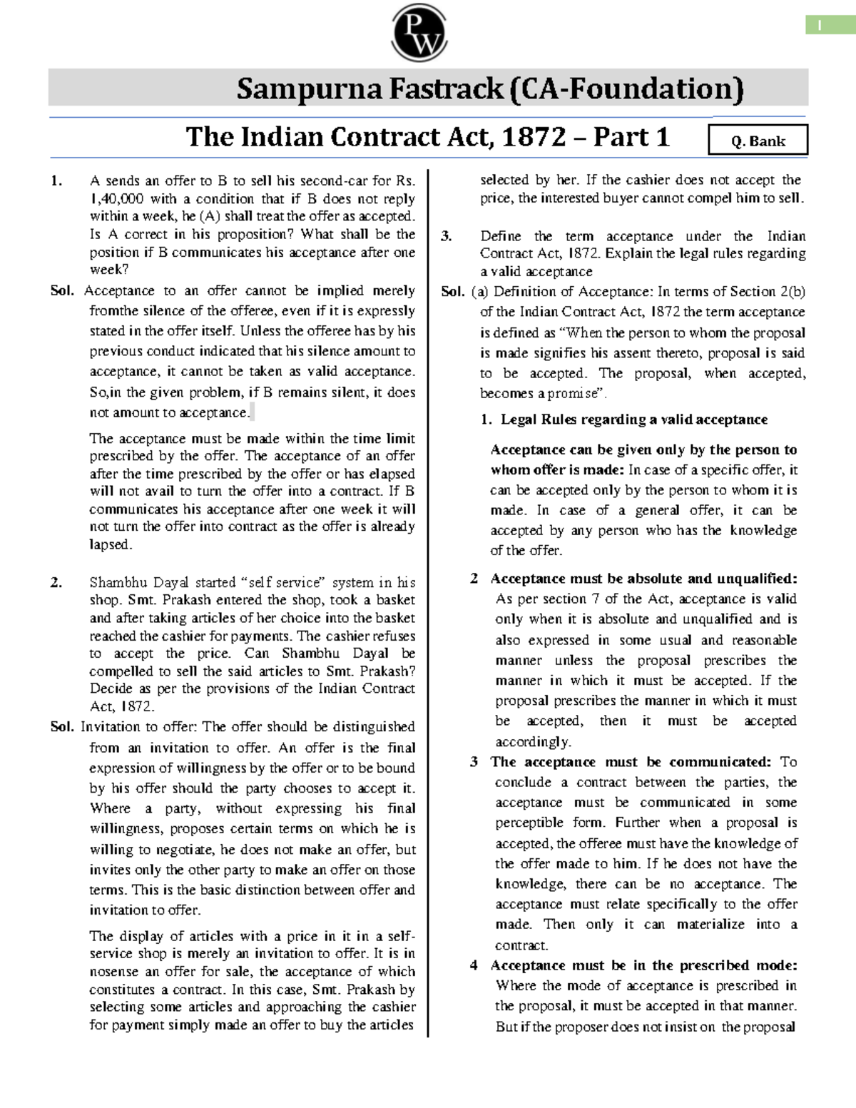 Law and BCR Question Bank - Sampurna Fastrack (CA-Foundation) The ...
