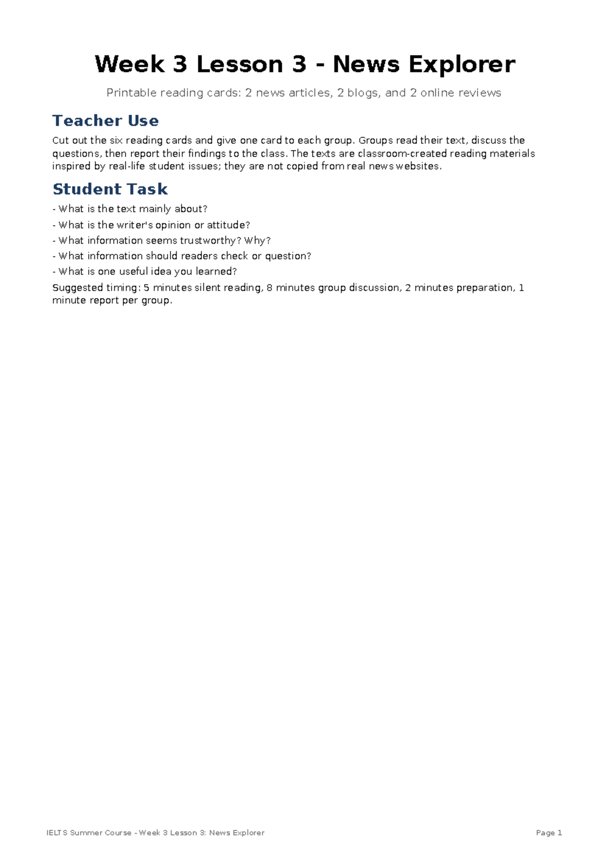 IELTS Summer Course Week 3 Lesson 3: News Explorer Reading Cards - Studocu
