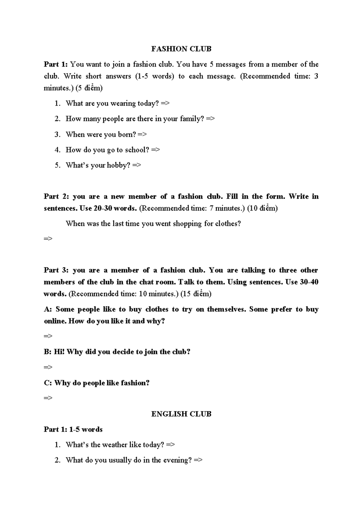 5.12.25 Writing Practice: Fashion Club & English Club Activities - Studocu