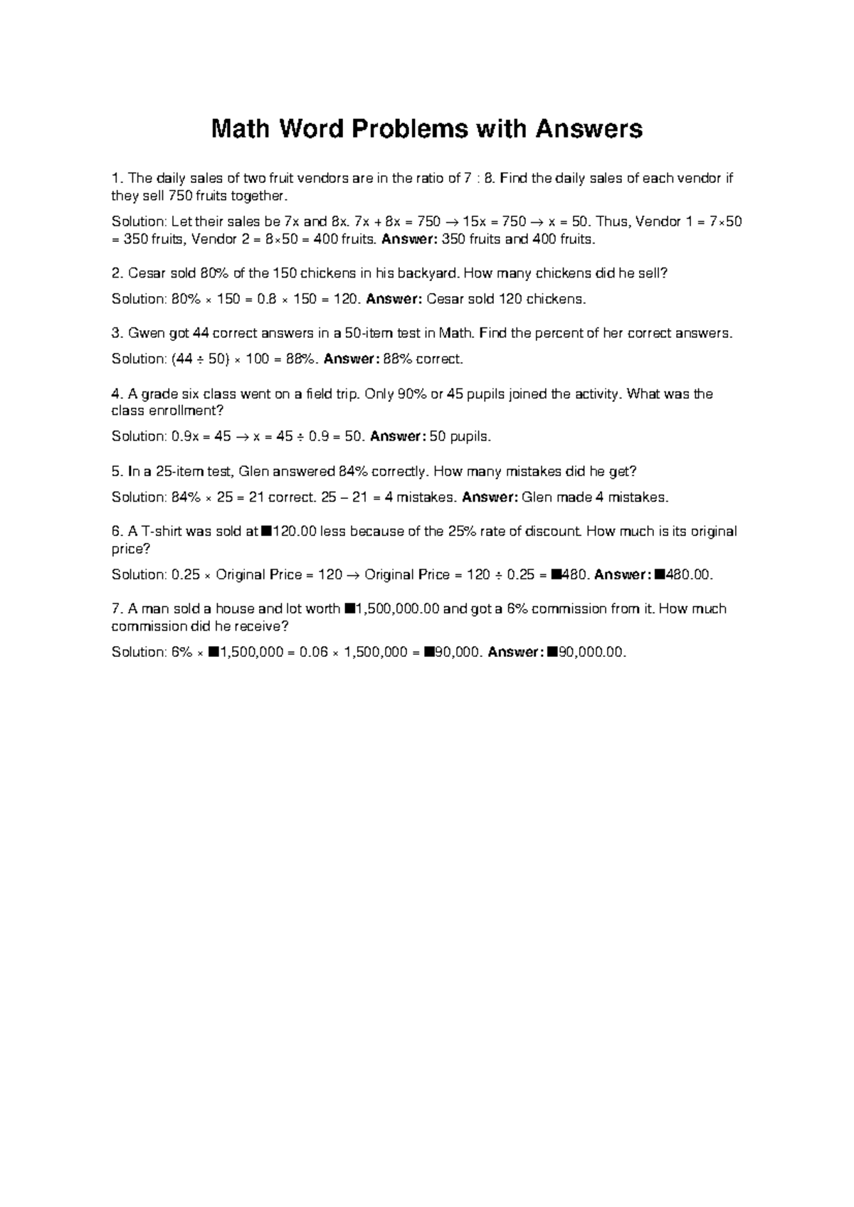 Math Word Problems with Solutions - Practice Set 1 - Studocu