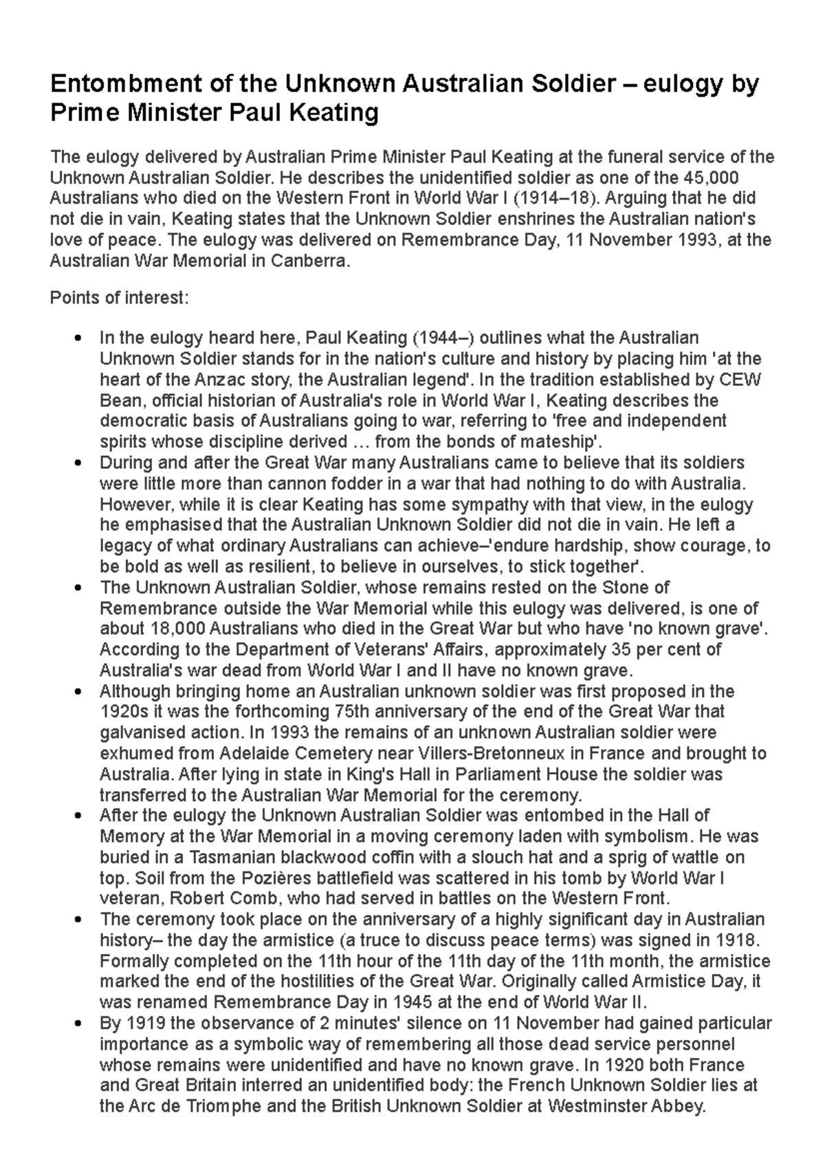 Funeral service of the Unknown Australian Soldier - He describes the ...