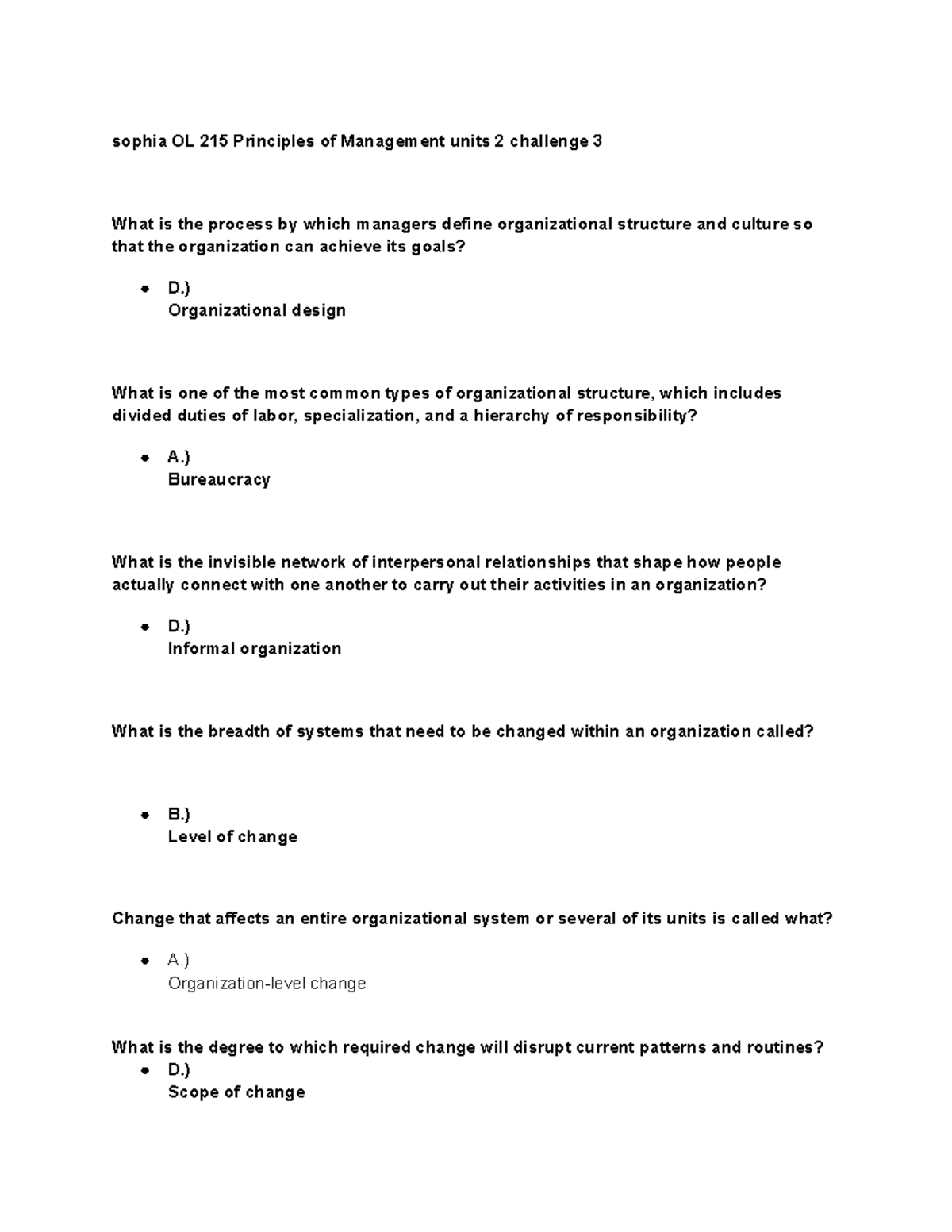 Sophia OL 215 Principles of Management Unit 2 Challenge 3 Responses - Studocu