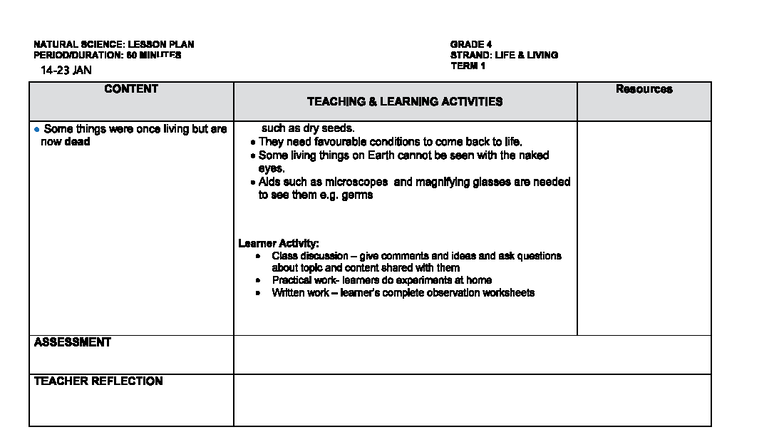 NATURAL SCIENCE: GRADE 4 LESSON PLAN (14-23 JAN) - LIFE STRAND - Studocu