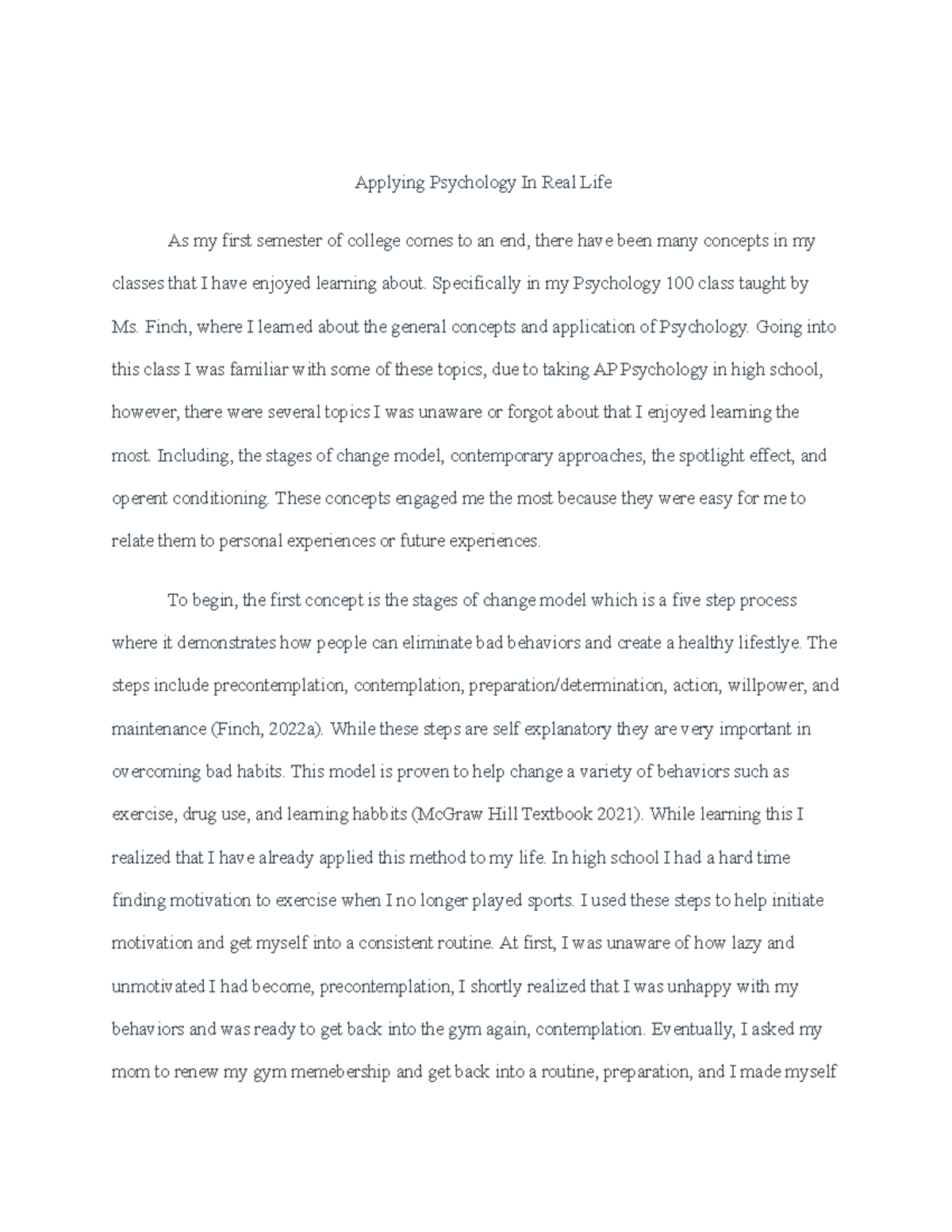 Psych 100 - Essay on Real Life Applications of Psychology Concepts ...