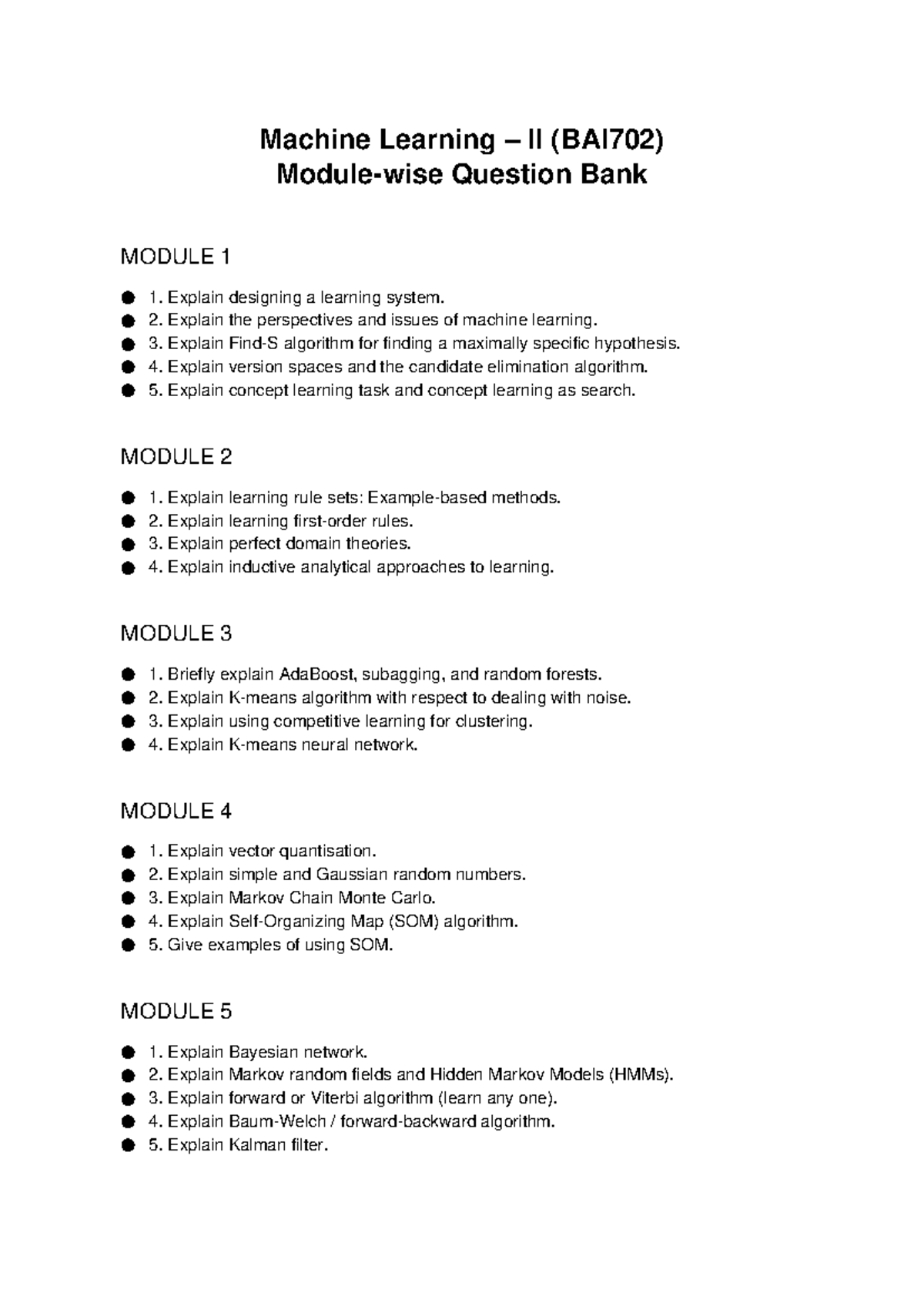 Machine Learning II (BAI702) Comprehensive Question Bank for Modules 1 ...