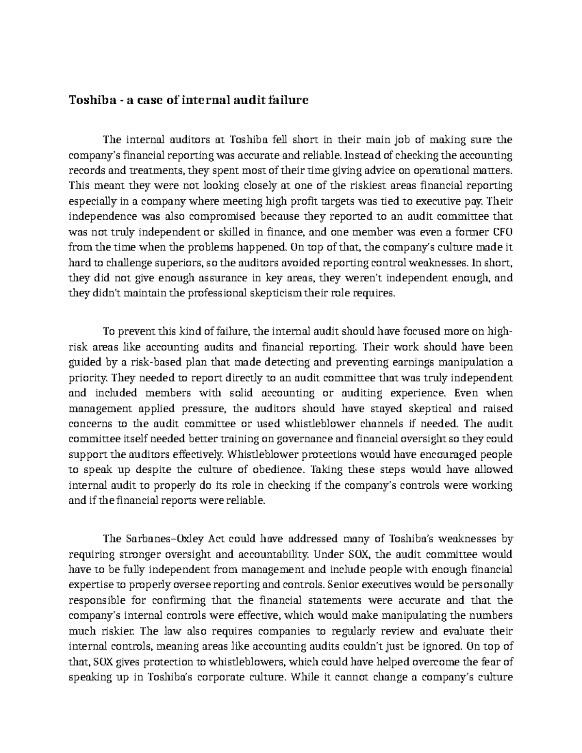 A01 - Case Study on Toshiba's Internal Audit Failures and Solutions ...