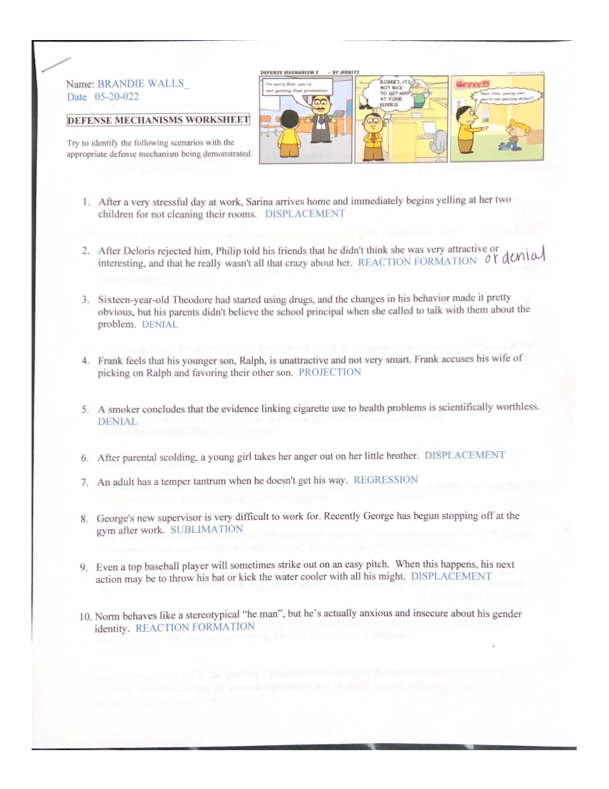 Defense Mechanism Worksheet