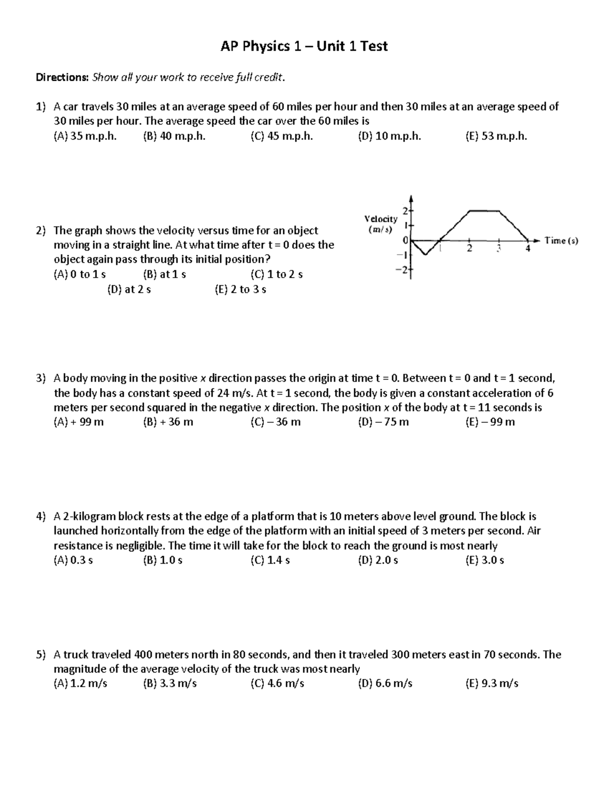 AP Physics 1 - Unit 1 Test Study Guide with Practice Questions - Studocu