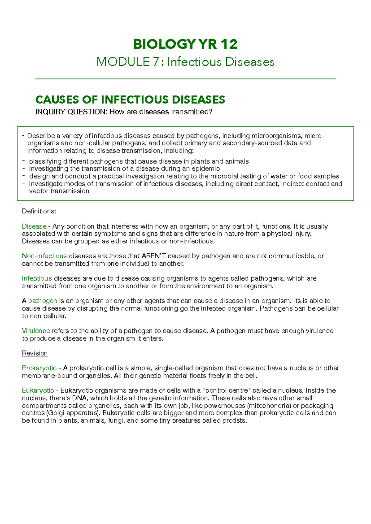 BIOLOGY YR 12 MODULE 7: Infectious Diseases - Causes & Transmission ...