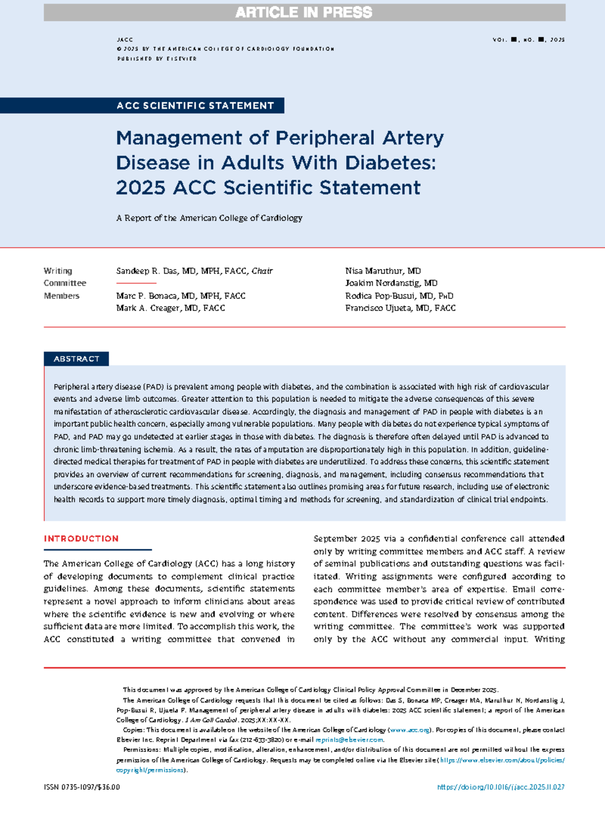 Management of PAD in Diabetes: 2025 ACC Scientific Statement - Studocu