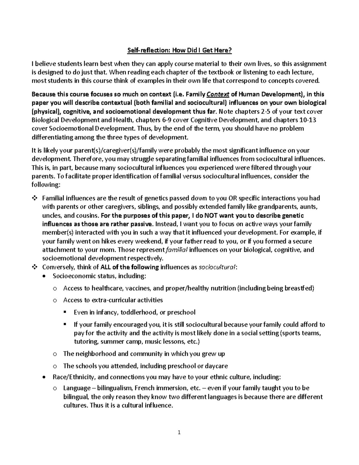 Self-Reflection Assignment: Familial and Sociocultural Influences in HD ...