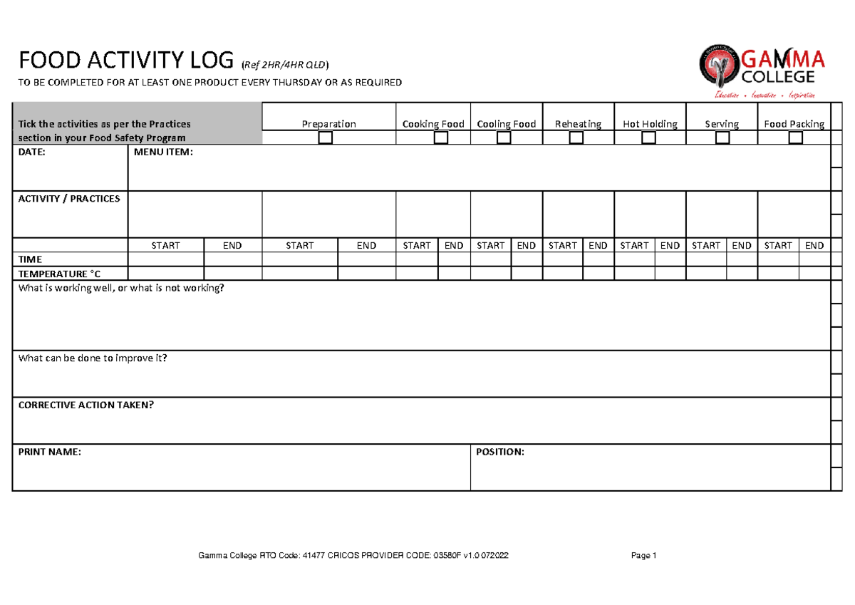 Sitxfsa 006 Food activity log - Gamma College RTO Code: 41477 CRICOS ...
