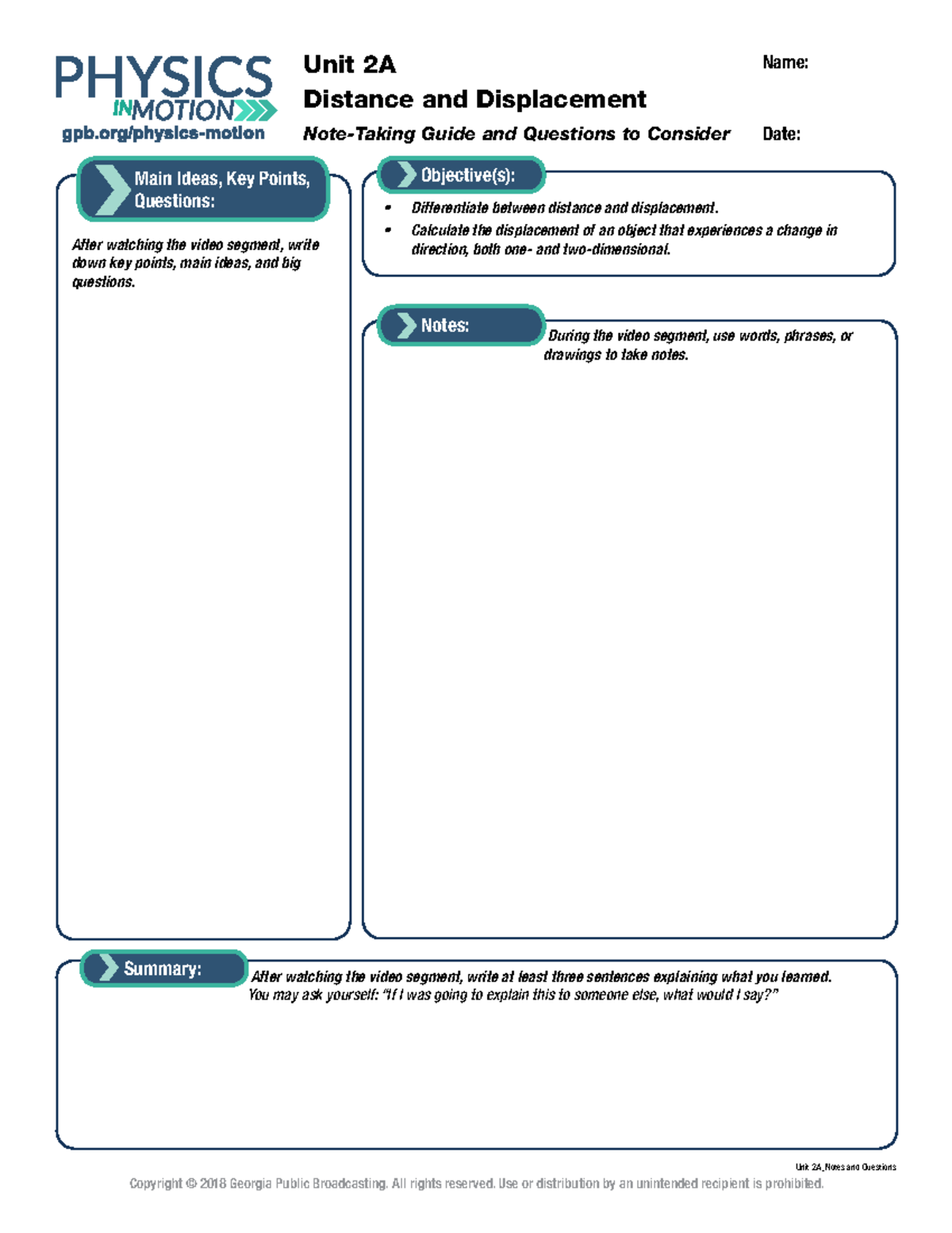 Unit 2A Distance & Displacement Notetaking Guide & Questions - Studocu