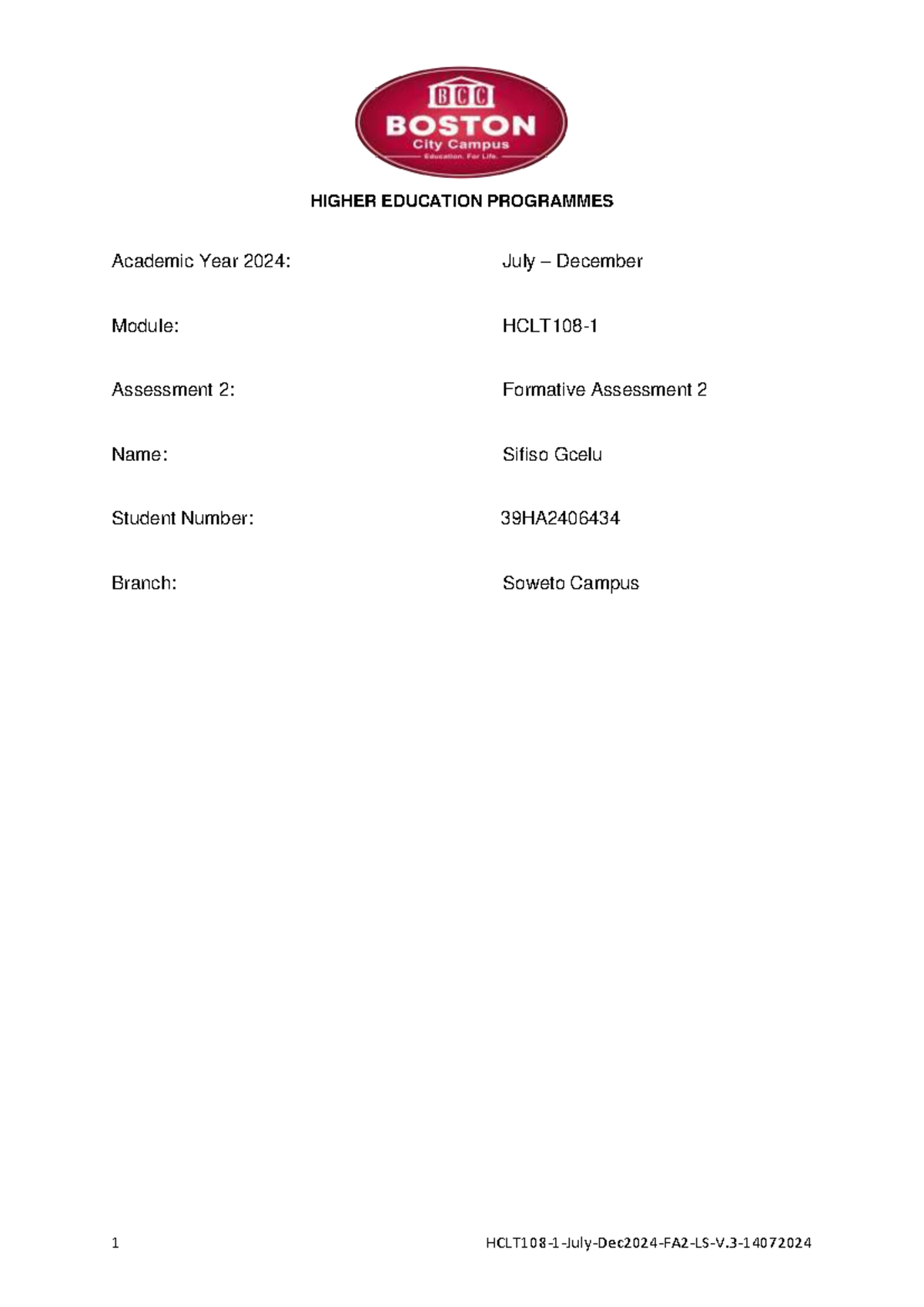 HCLT108-1 July-Dec 2024: Formative Assessment 2 Answer Sheet - Studocu