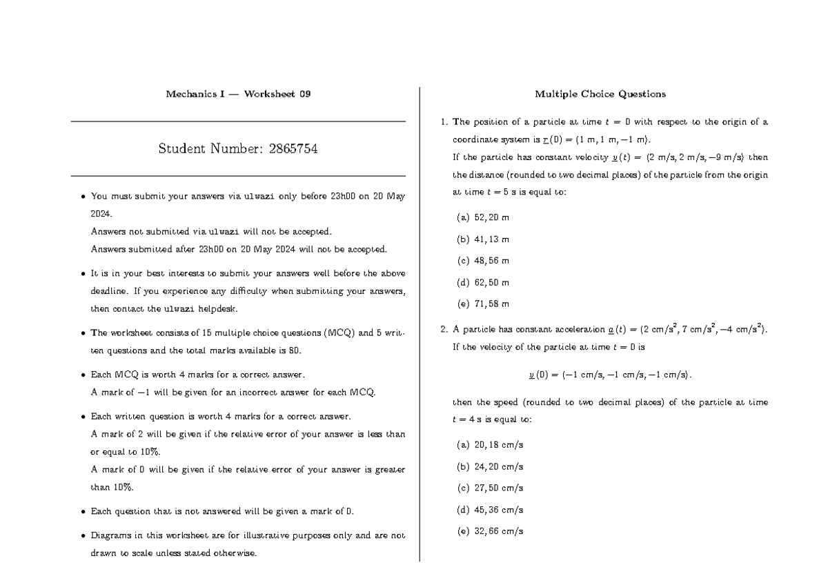 Mechanics I - Worksheet 09 (Wrk09 Part163) for Student ID: 2865754 ...