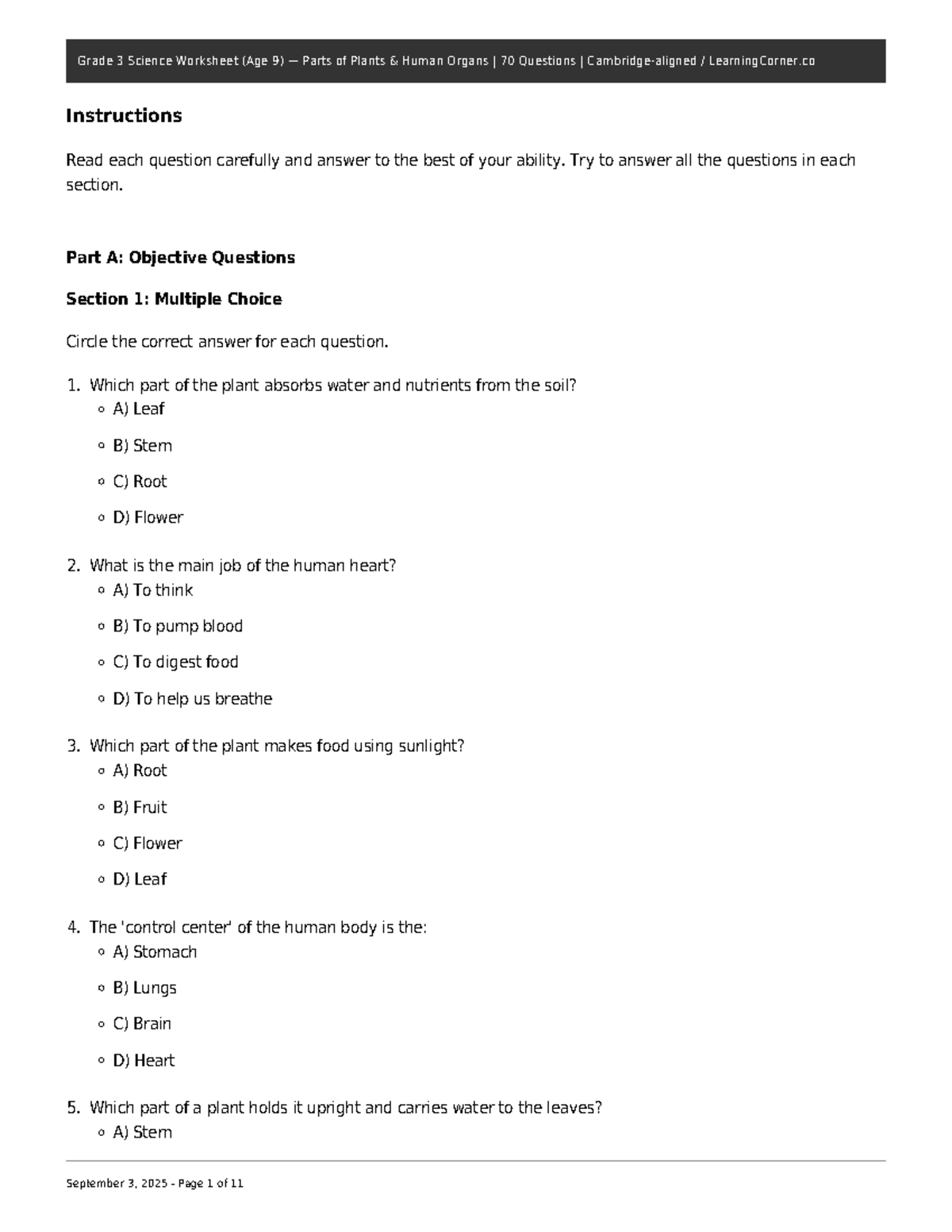 Grade 3 Science Worksheet (Age 9): Parts of Plants & Human Organs - Studocu