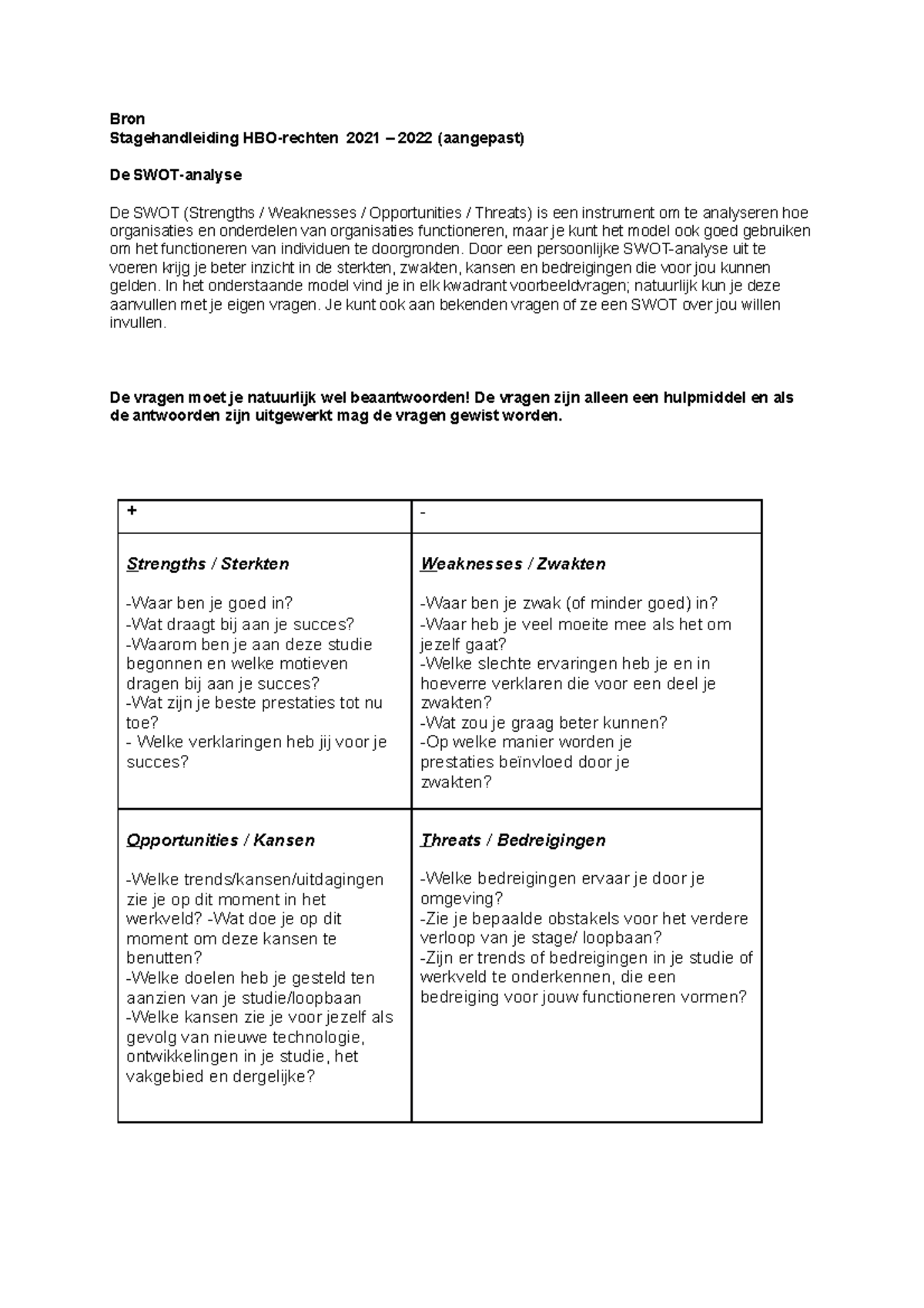 HBO-Rechten: Persoonlijke SWOT-analyse en Voorbeeldvragen - Studeersnel