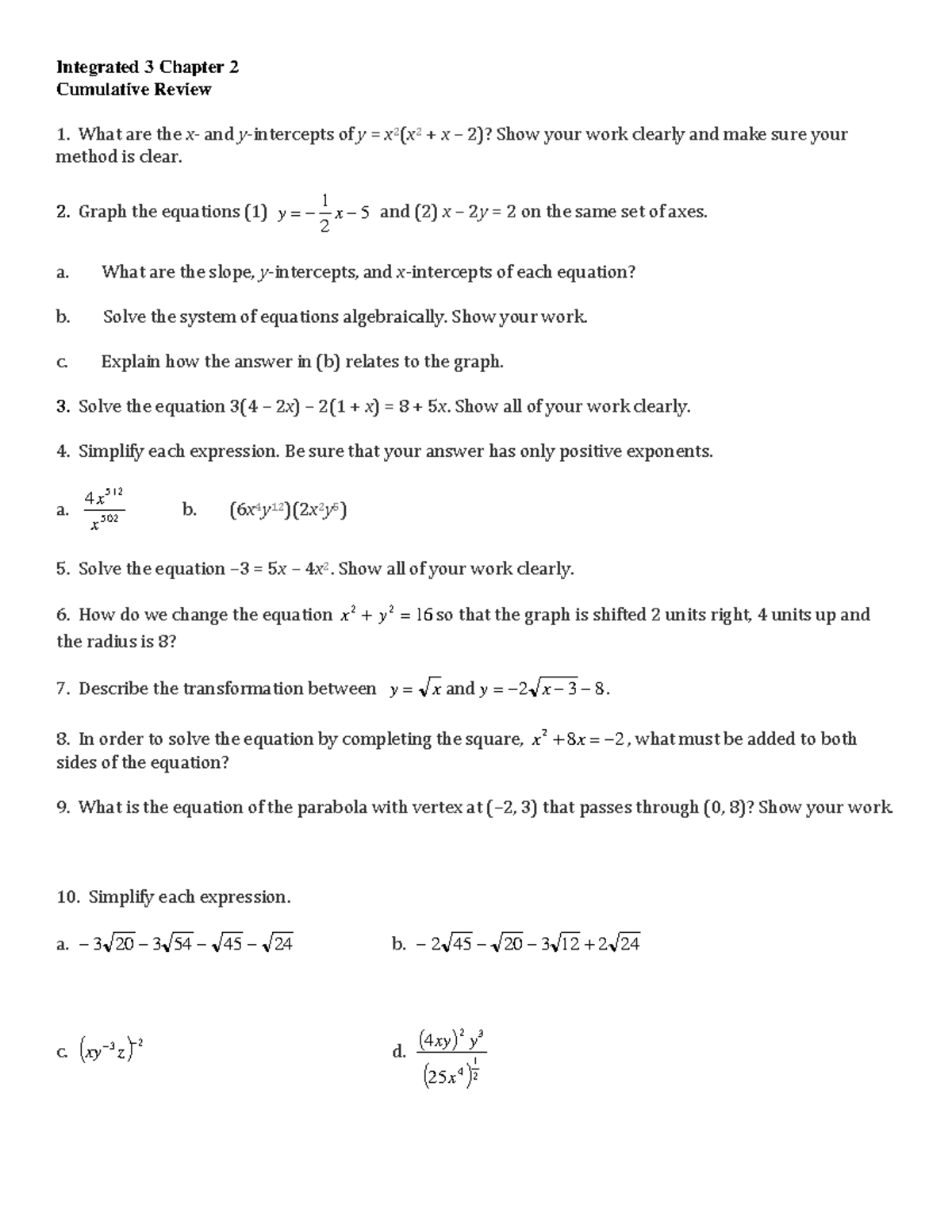 Integrated 3 Chapter 2 Cumulative Review Questions and Solutions - Studocu