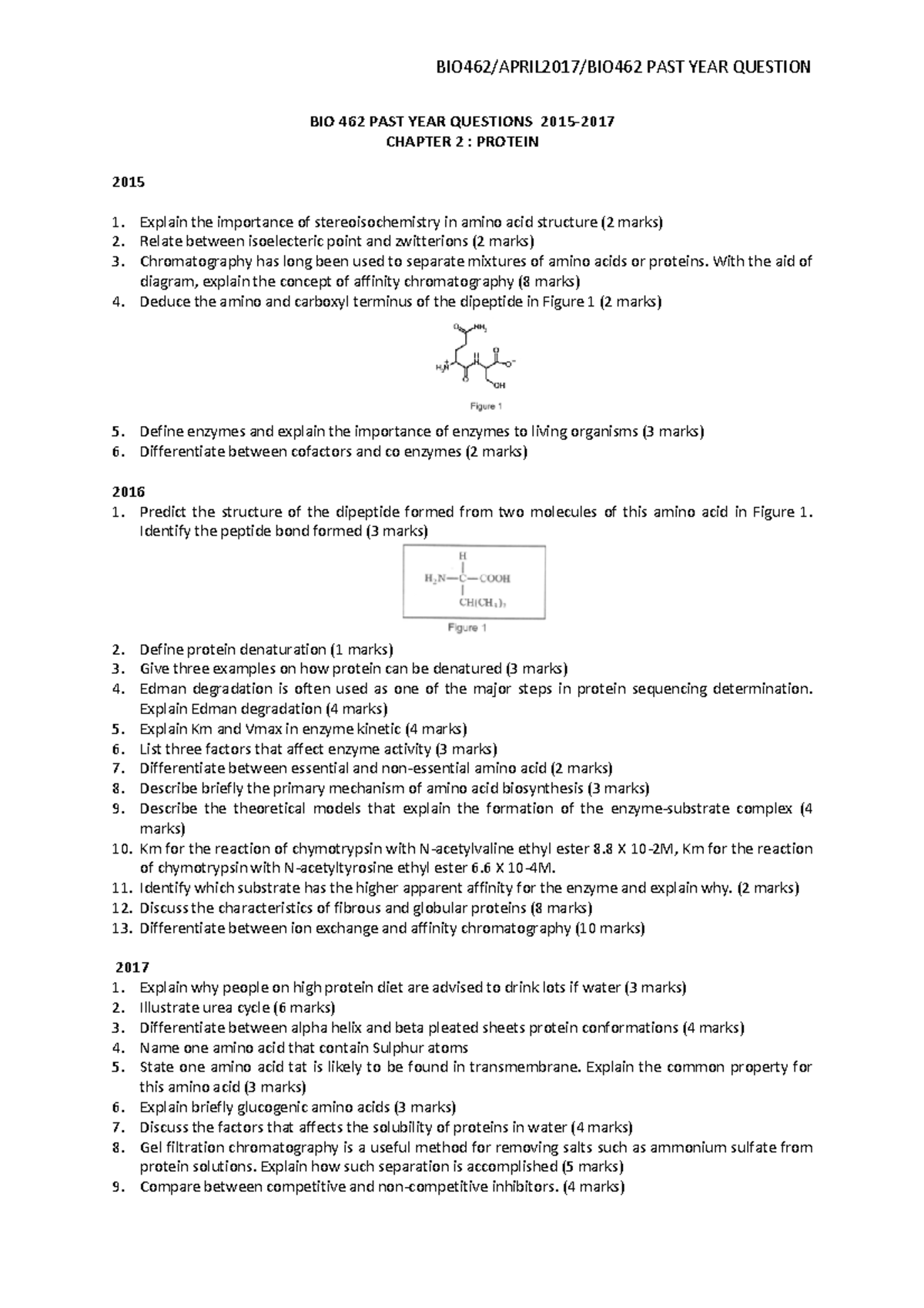 BIO 462 PAST YEAR Questions & Notes - Chapter 2: Proteins (2015-2017 ...