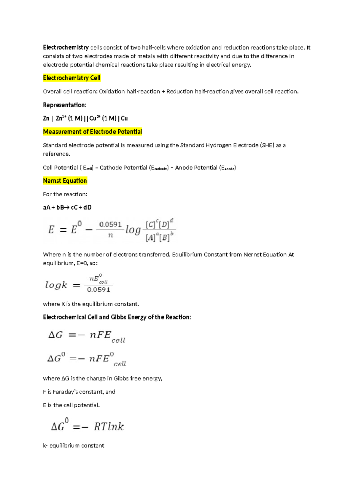 Electrochemistry Formula Sheet: Key Concepts & Equations Guide - Studocu