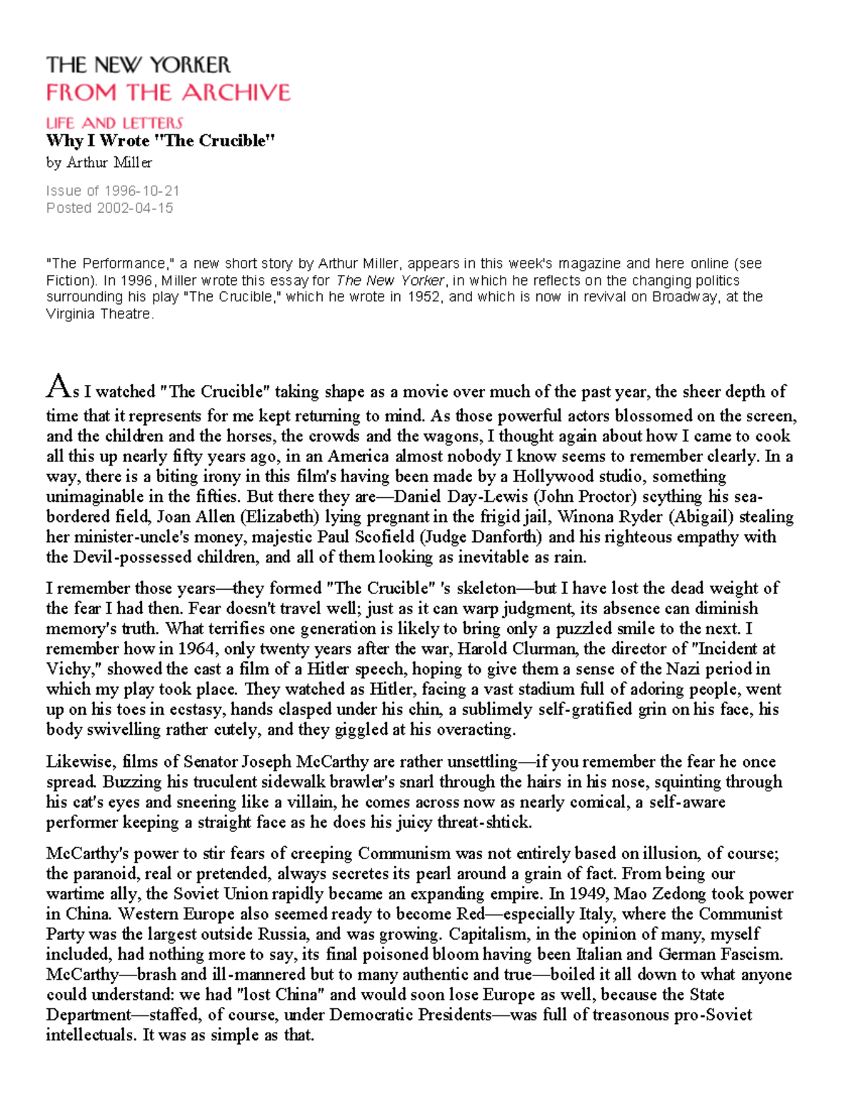 Why I Wrote "The Crucible": Reflections on Art & Politics - Studocu