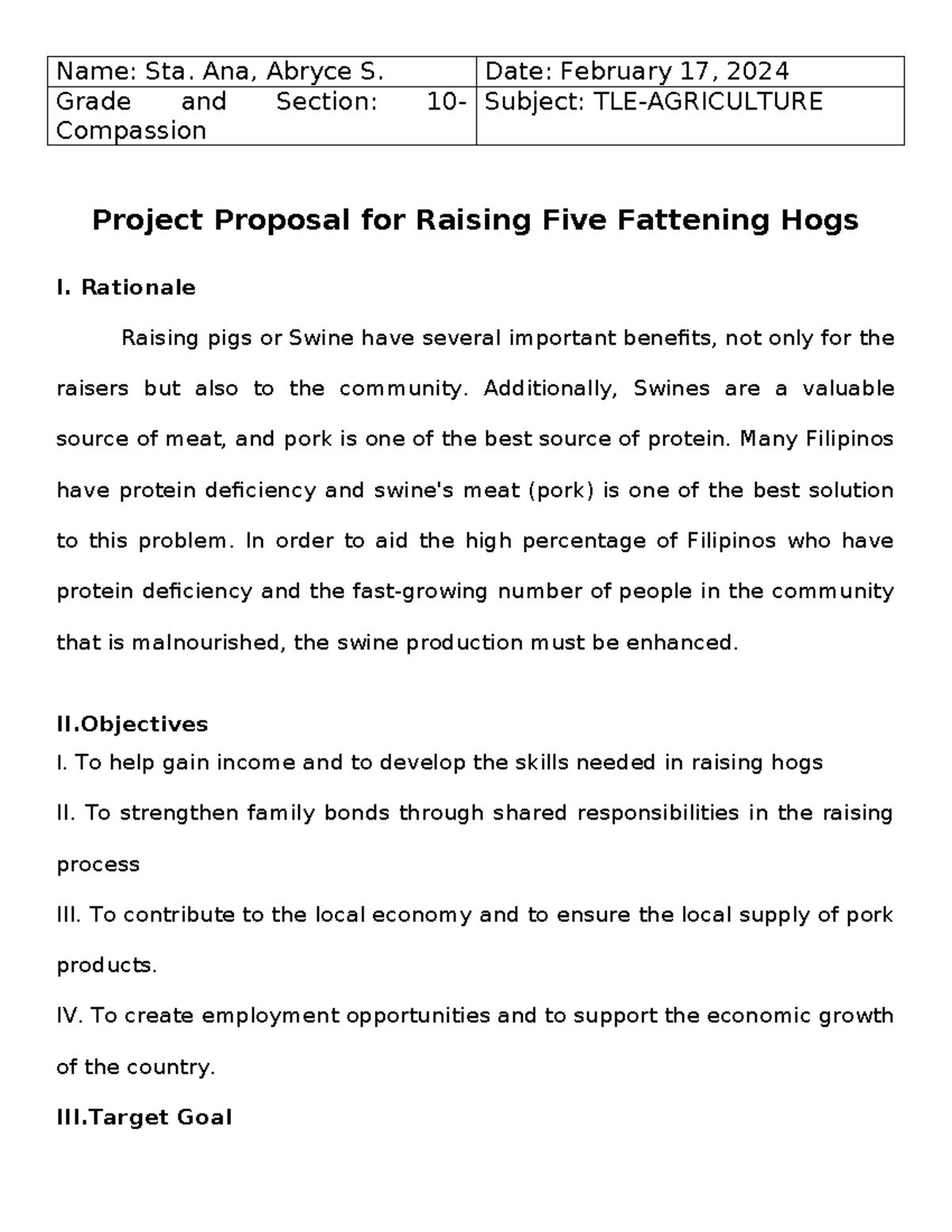 TLE-AGRI 10: Project Proposal for Raising Fattening Hogs - Studocu