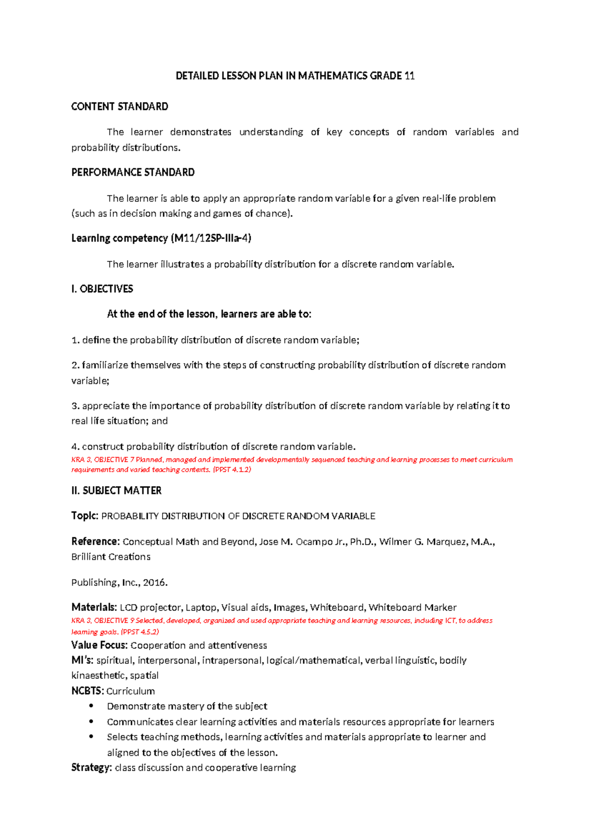 MAT11 - Lesson Plan: Probability Distribution of Discrete Random ...