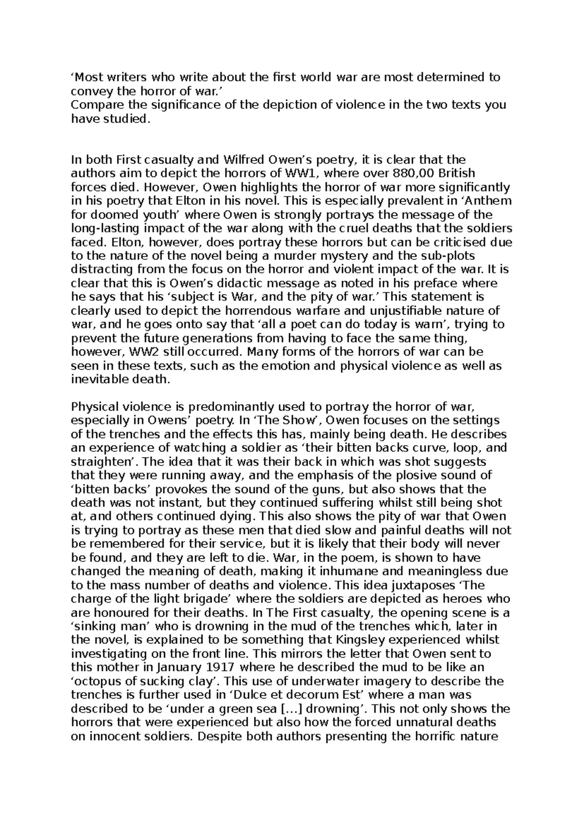 Horror of War: A Comparative Analysis of Violence in WW1 Texts - Studocu