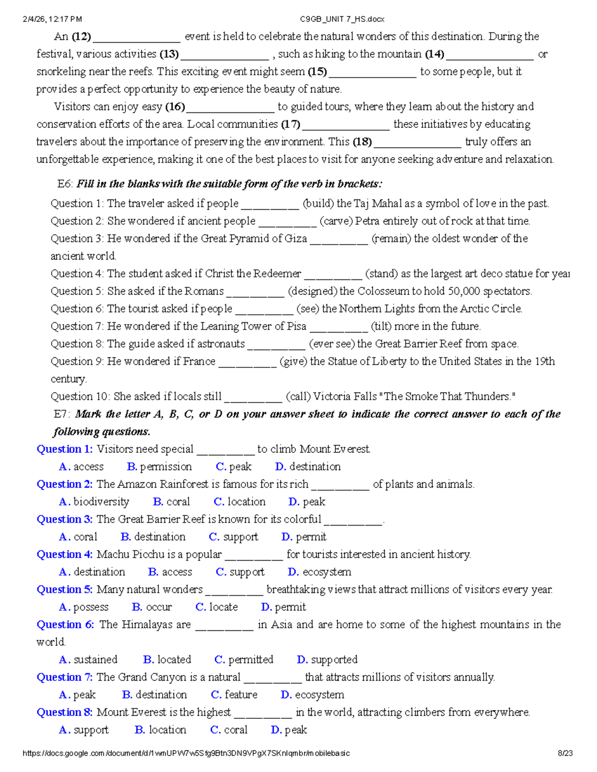 C9GB UNIT 7 HS: Natural Wonders & Fill-in-the-Blank Exercises - Studocu