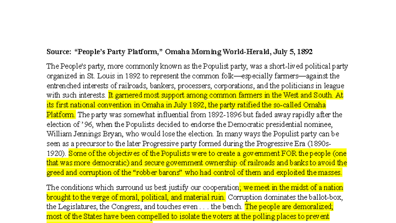 People's Party Platform: Omaha Convention July 5, 1892 - Studocu