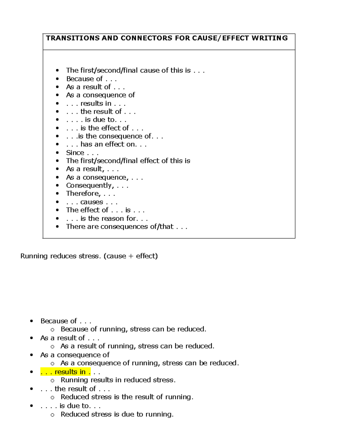 Transitions and Connectors for Cause-Effect Writing - Studocu