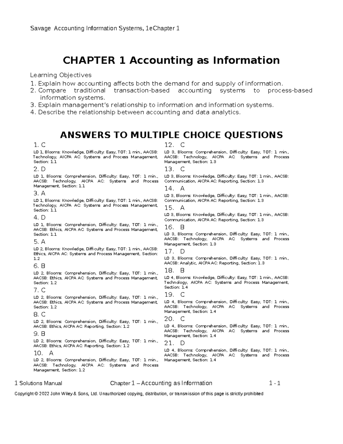 Solutions Manual for Accounting Information Systems - Chapter 1 - Studocu