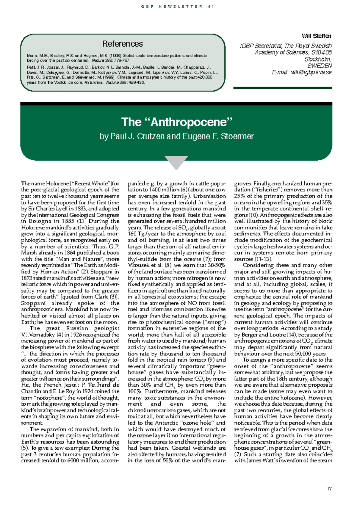 IGBP NEWSLETTER 41: The Anthropocene Concept by Crutzen & Stoermer ...