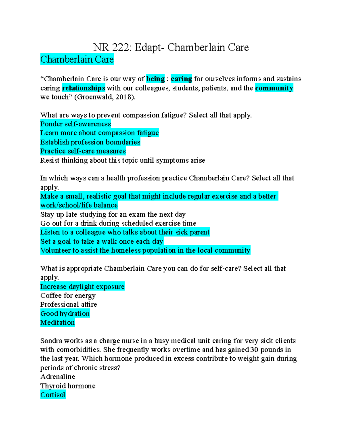 NR222-Final Exam: Understanding Chamberlain Care & Compassion Fatigue ...