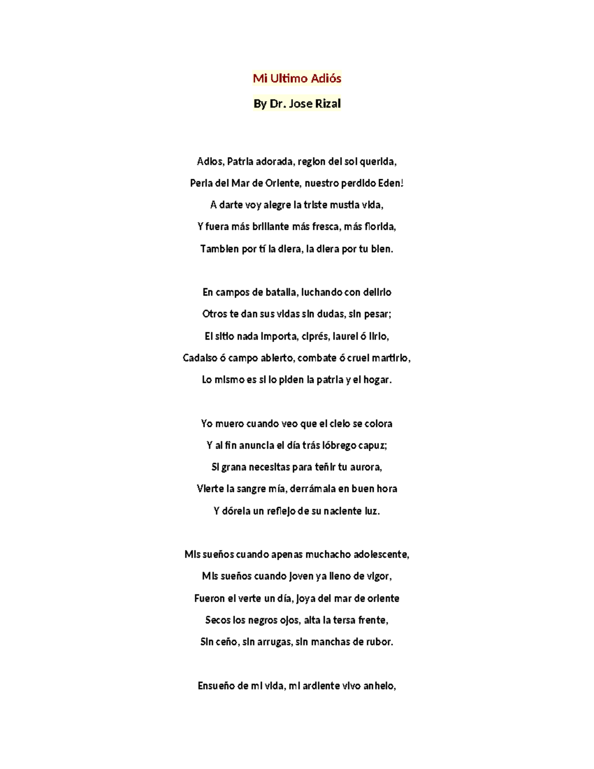 Mi Último Adiós: Poema de Dr. Jose Rizal - Studocu