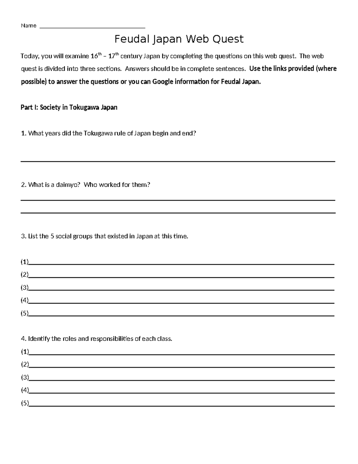 Feudal Japan Webquest: Exploring Tokugawa Society & History - Studocu
