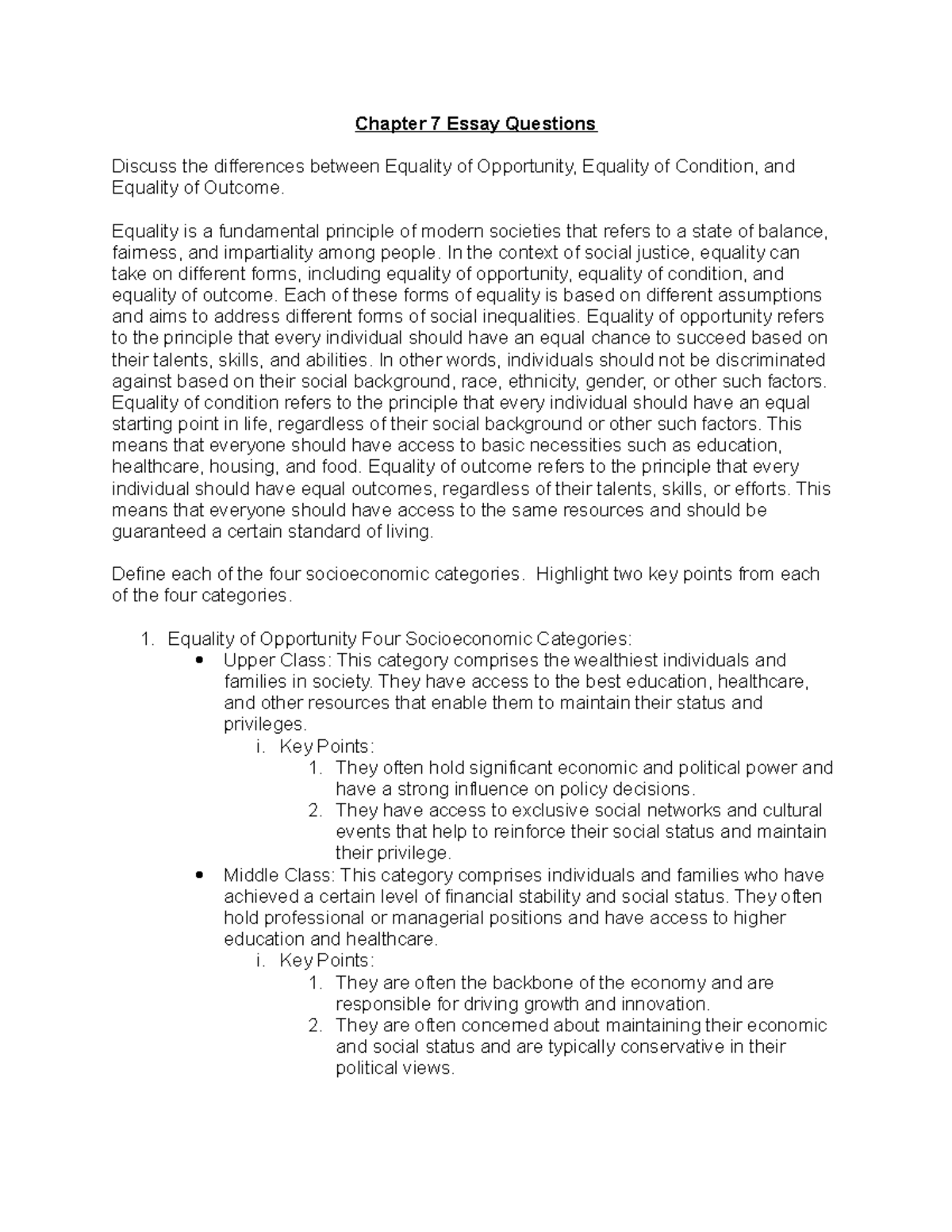 Chapter 7 Essay Questions: Exploring Equality Types and Socioeconomic ...