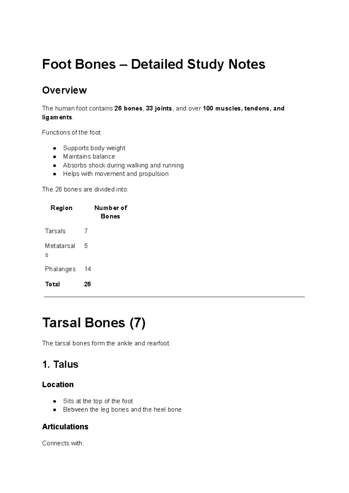 Foot Bones (BIO101) – Detailed Study Notes Overview - Studocu