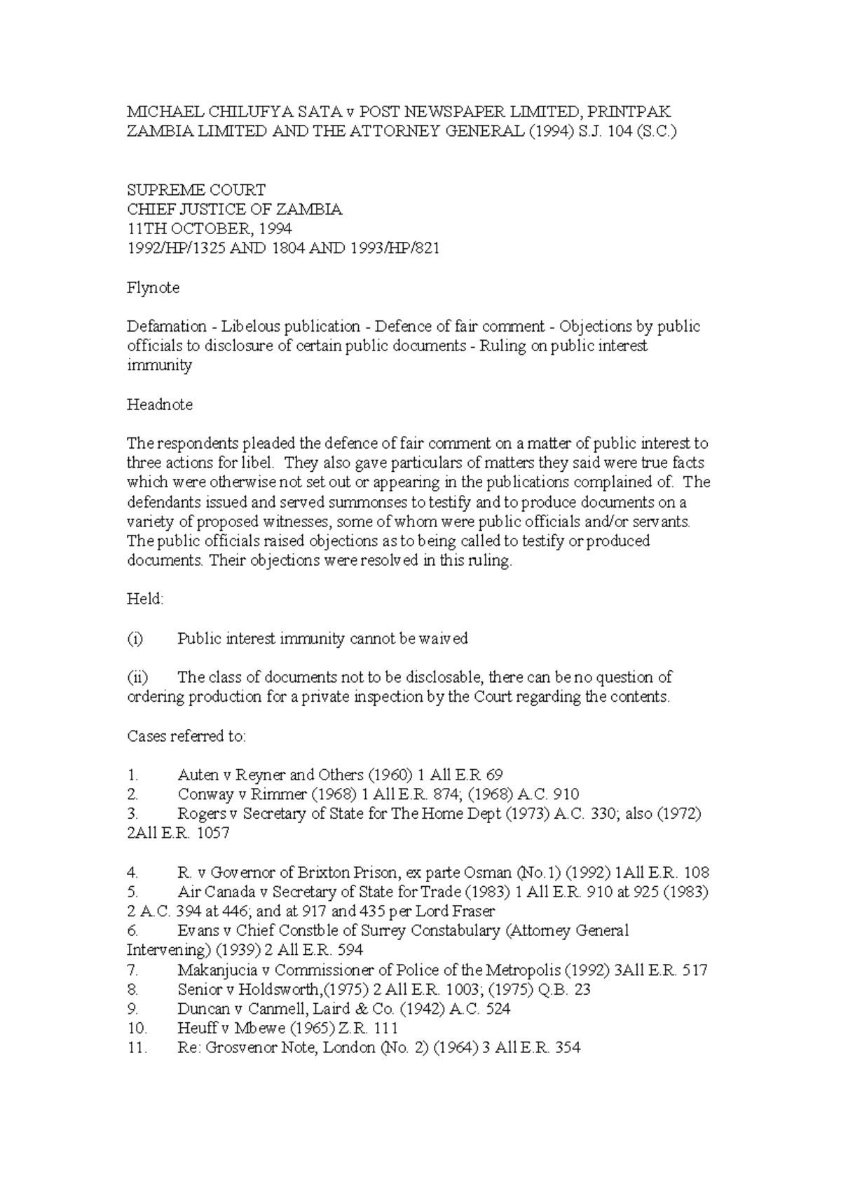 Michael Chilufya SATA v POST Newspaper Ltd: Defamation Ruling (1994 ...