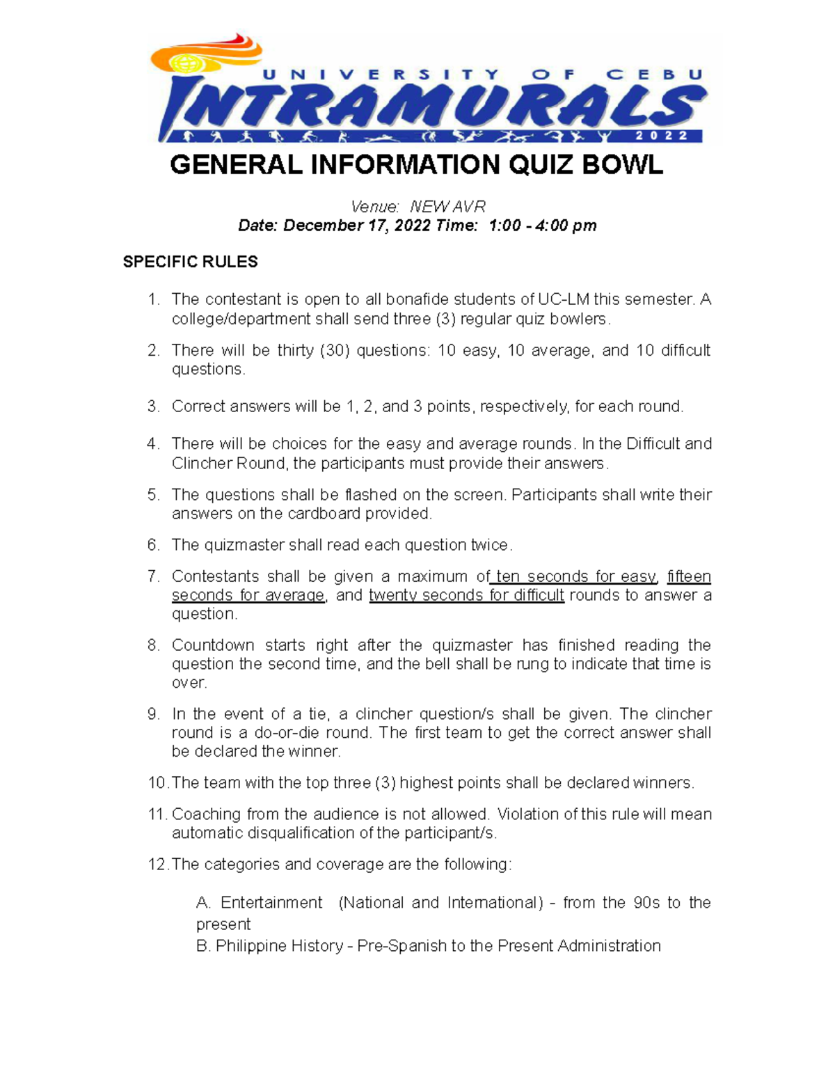 UC-LM General Information Quiz Bowl Rules & Details - Studocu