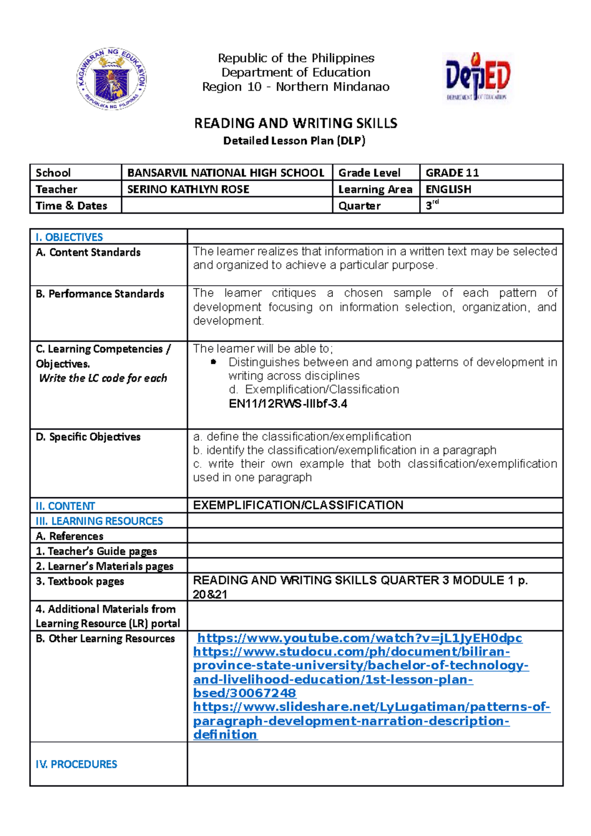 DLP: Exemplification and Classification in Reading & Writing Skills ...