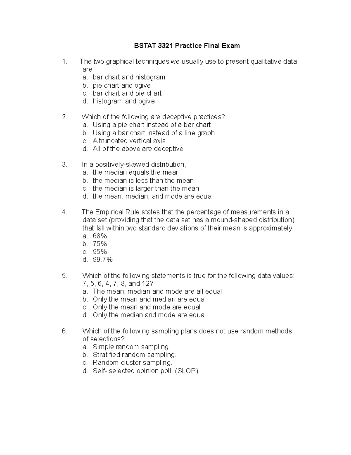 BSTAT 3321 Practice Final Exam Review - Spring 2023 Questions - Studocu
