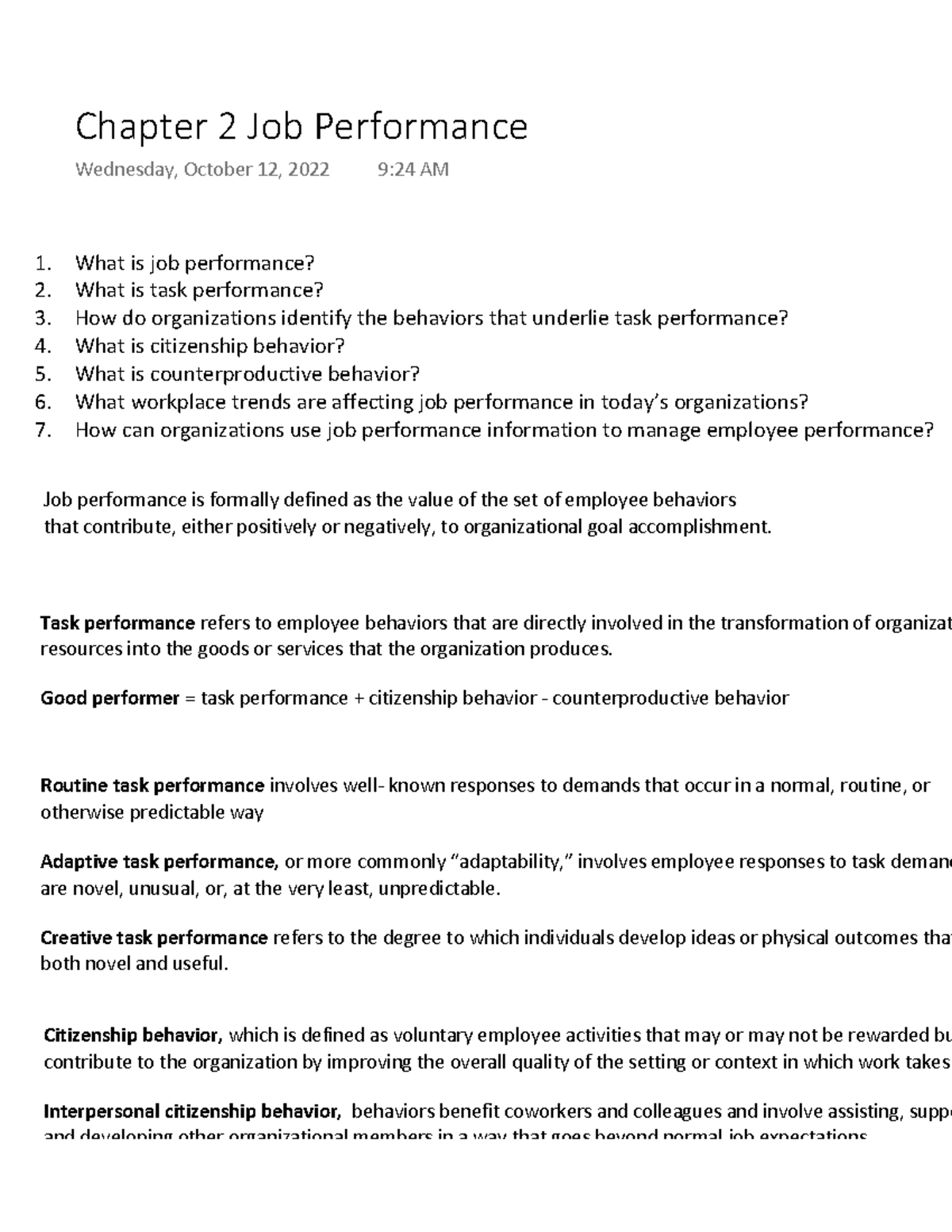 Chapter 2 Job Performance - 1. What is job performance? 2. What is task performance? 3. How do ...