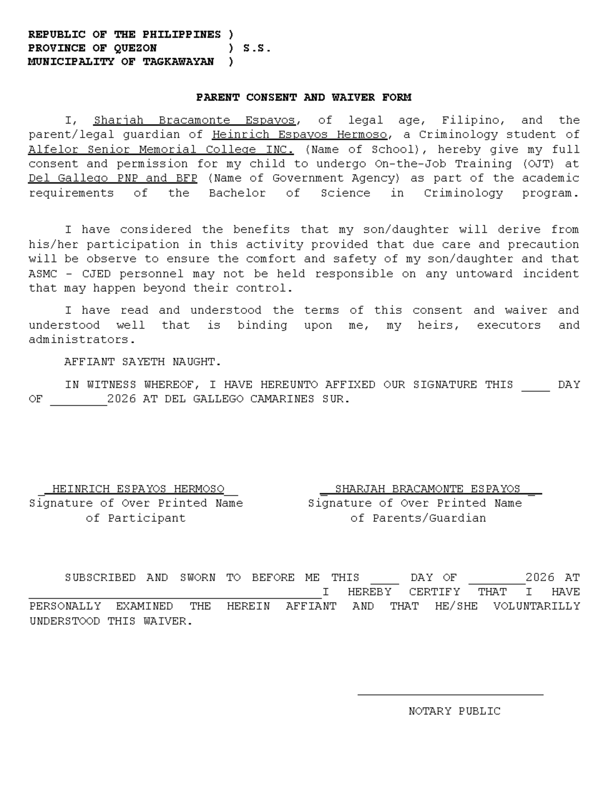 Internship Consent & Waiver Form - BS Criminology - ASMC - Studocu