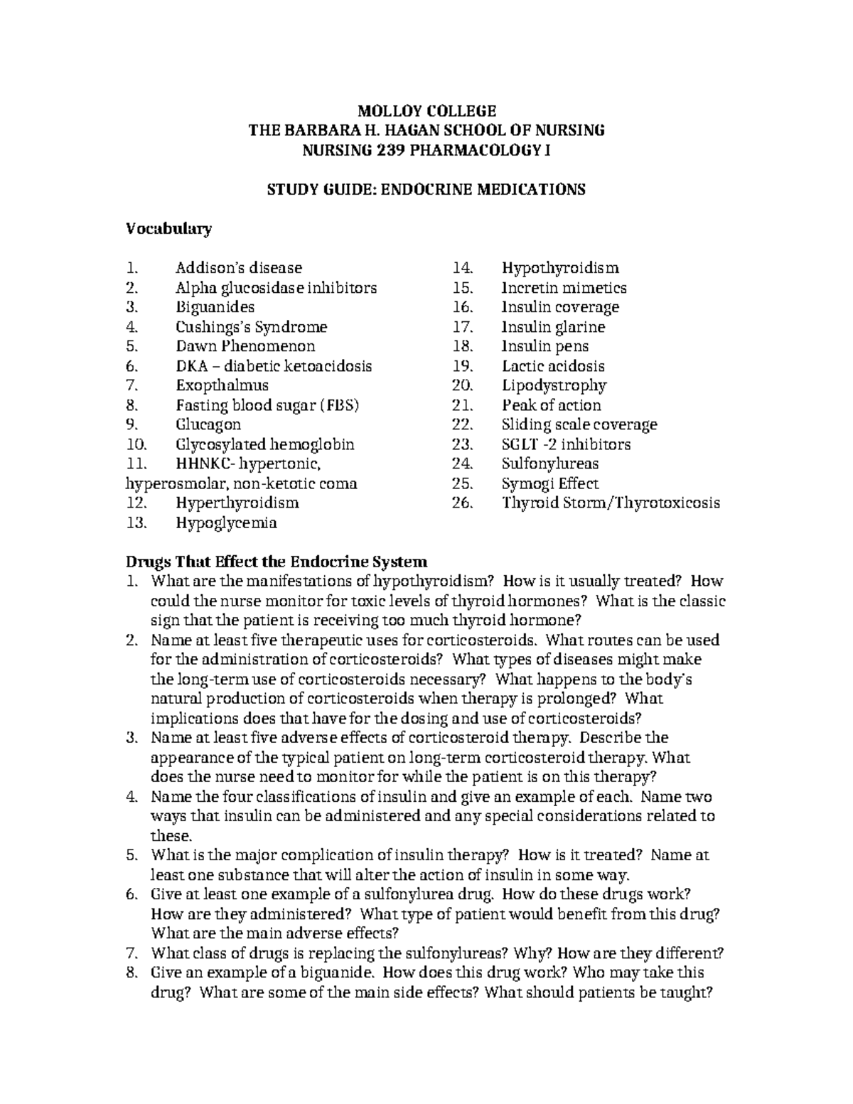 Study Guide Endocrine Meds-1 - MOLLOY COLLEGE THE BARBARA H. HAGAN ...