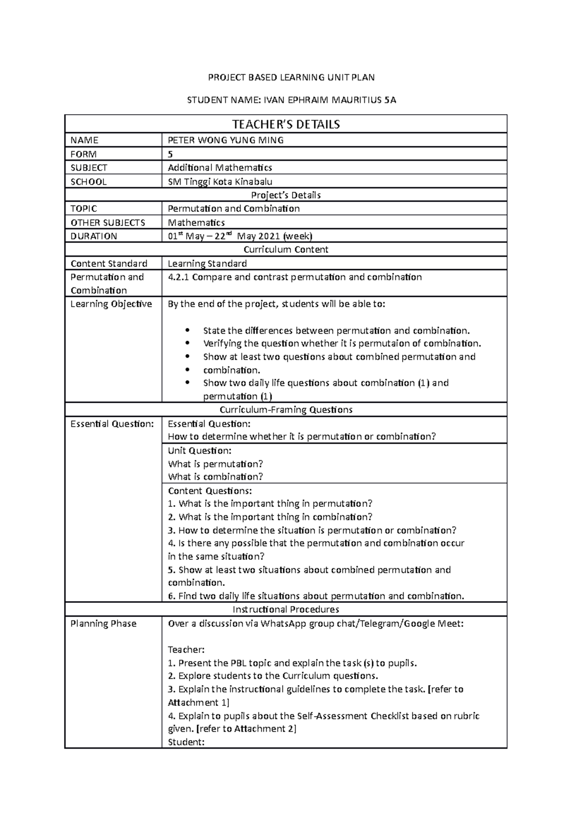 Project Based Learning Unit Plan: Permutation & Combination (Add Math ...
